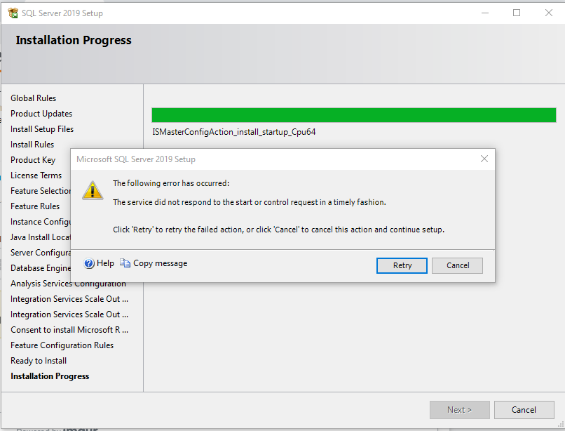 Error installing SQL Server 2019 : the service did not respond to the ... Error installing SQL Server 2019 : the service did not respond to the ...