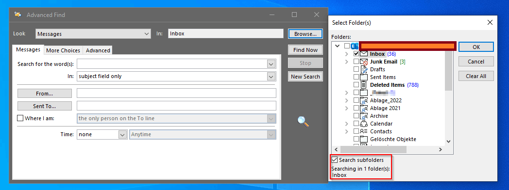 Outlook 365 - Advanced Find - all search queries with search subfolders ...
