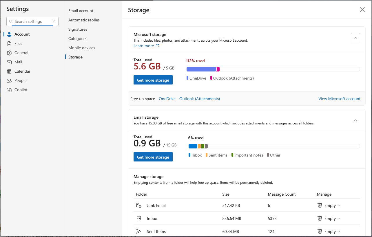 Microsoft storage settings still showing as full on my outlook eamil ...