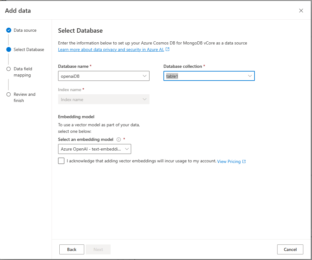 In Azure OpenAI Studio, I'm working on Chat Playground, trying to connect to my own Azure Cosmos ...