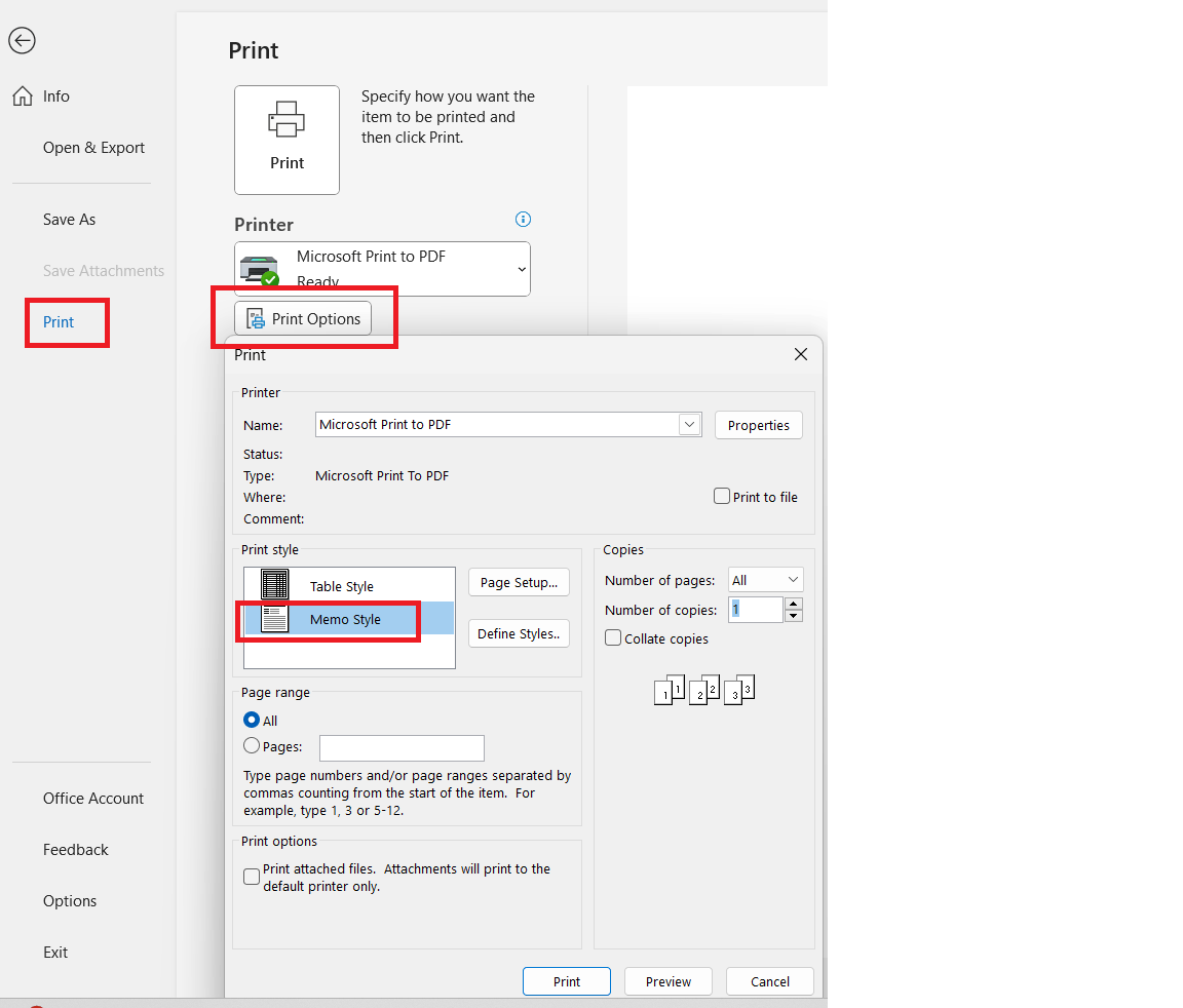how do I find the print options when only MEMO style is offered in ...