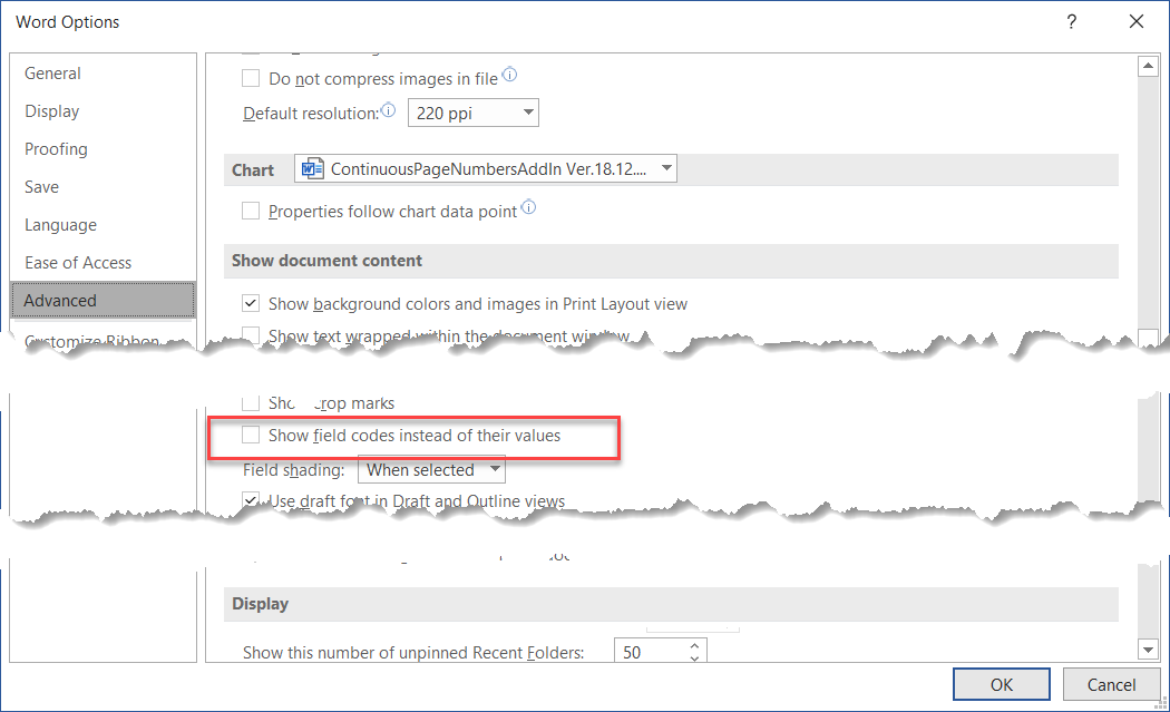 Show Field Codes Instead of Values Keeps Turning Back On - Microsoft Q&A