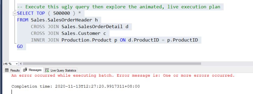 Error on the looking at the live query plan - Microsoft Q&A
