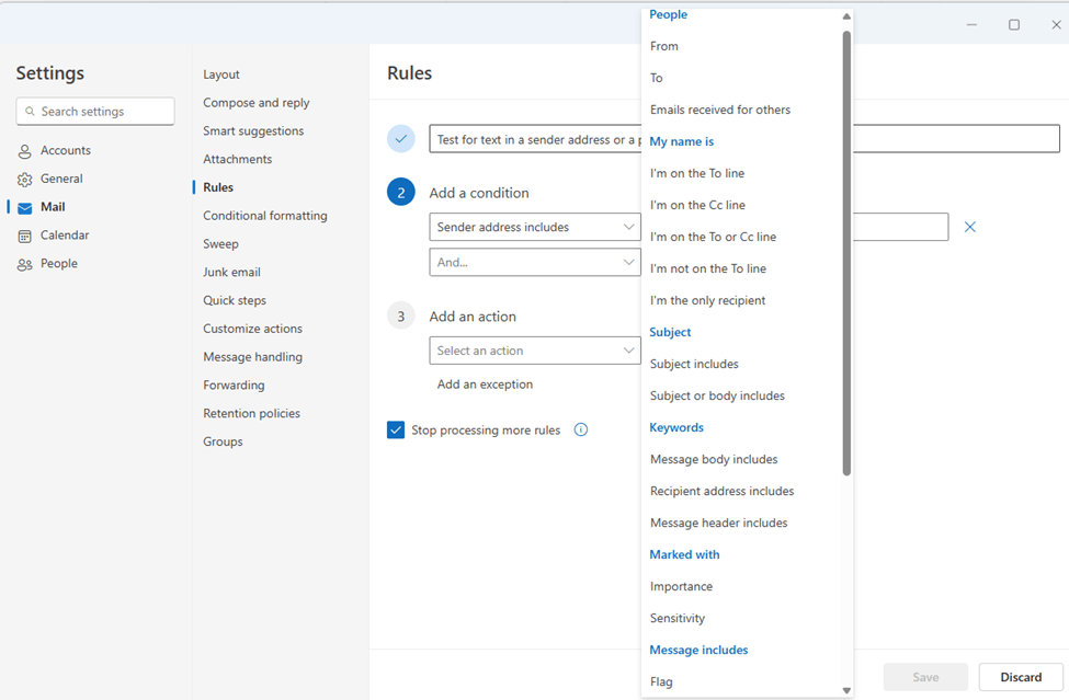Outlook rules with or condition - Microsoft Q&A