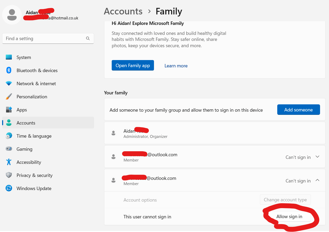 microsoft family accounts not working - Microsoft Q&A