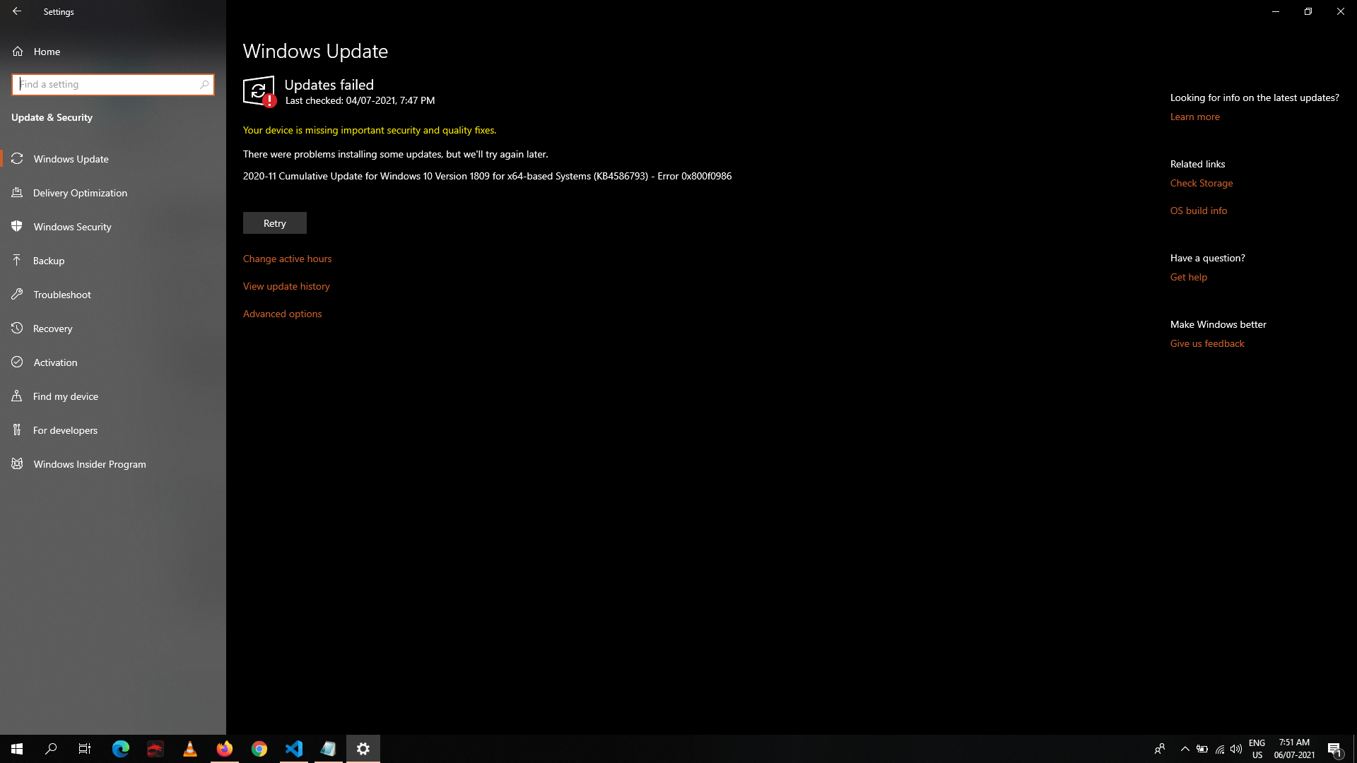 Installation Failure: Windows failed to install the following update with error 0x800f0986 ...