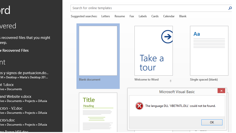 Office fails to start; Visual Basic Error; Missing License info; Can't ...