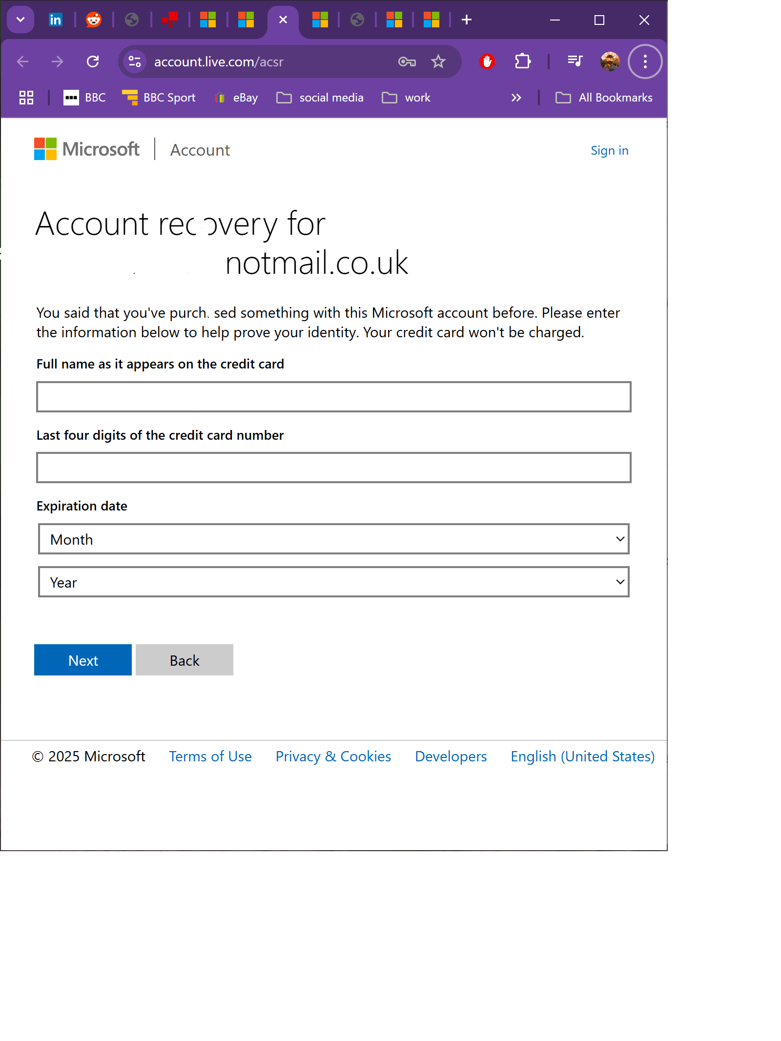 microsoft account recovery- only payment information linked to account ...