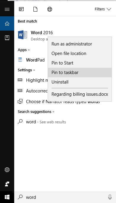 Pinning "Word" to my taskbar without having to pin "Office" - Microsoft Q&A