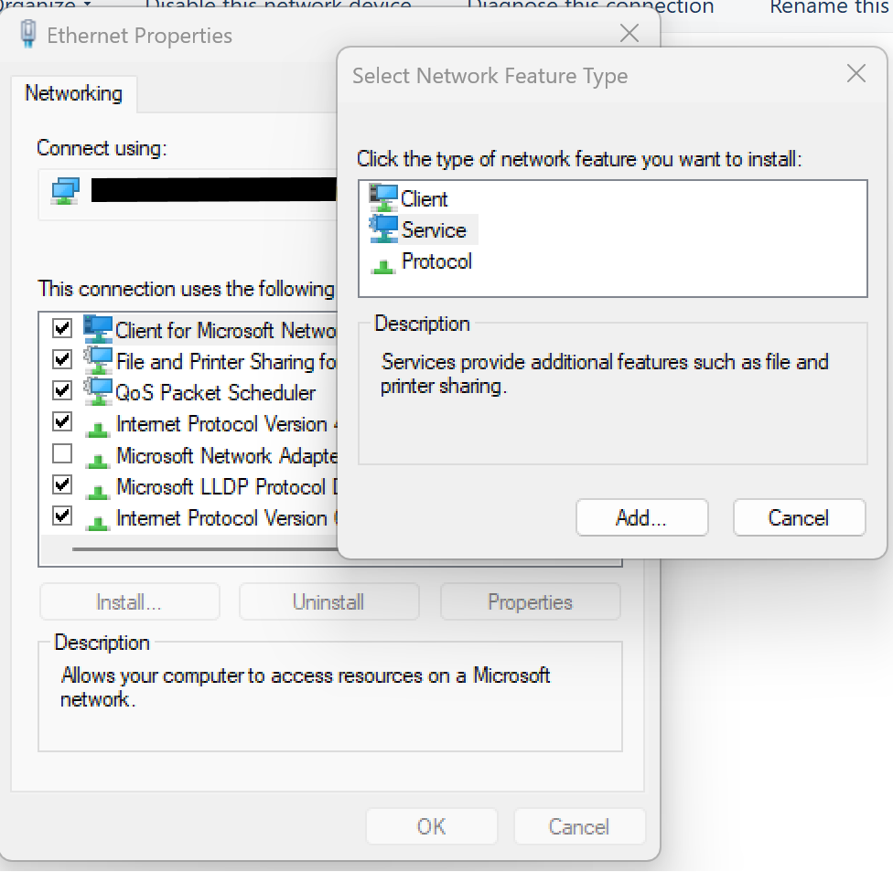 Cannot add New Network Feature Type: Service, the parameter is ...
