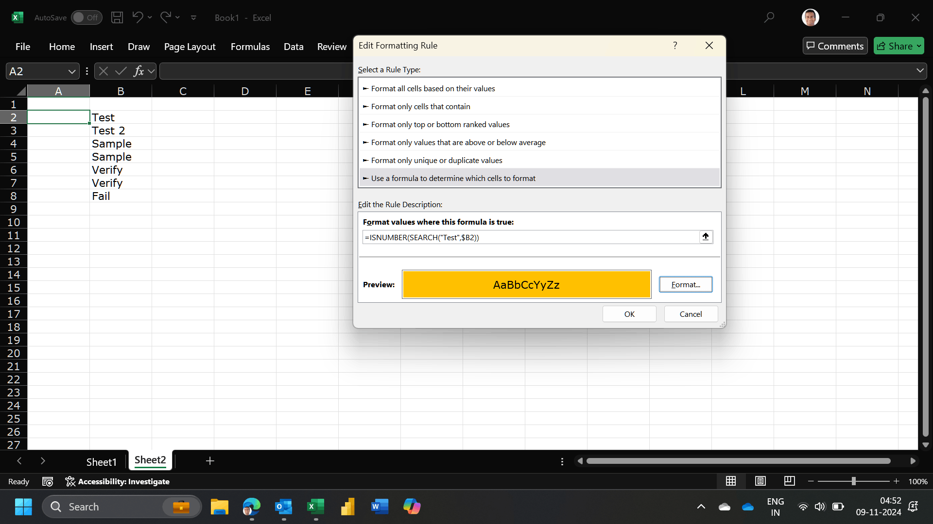 How do you conditional format a cell that contains partial text based ...