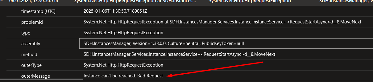 Receiving 400 Instance can't be reached. Bad Request while calling ...