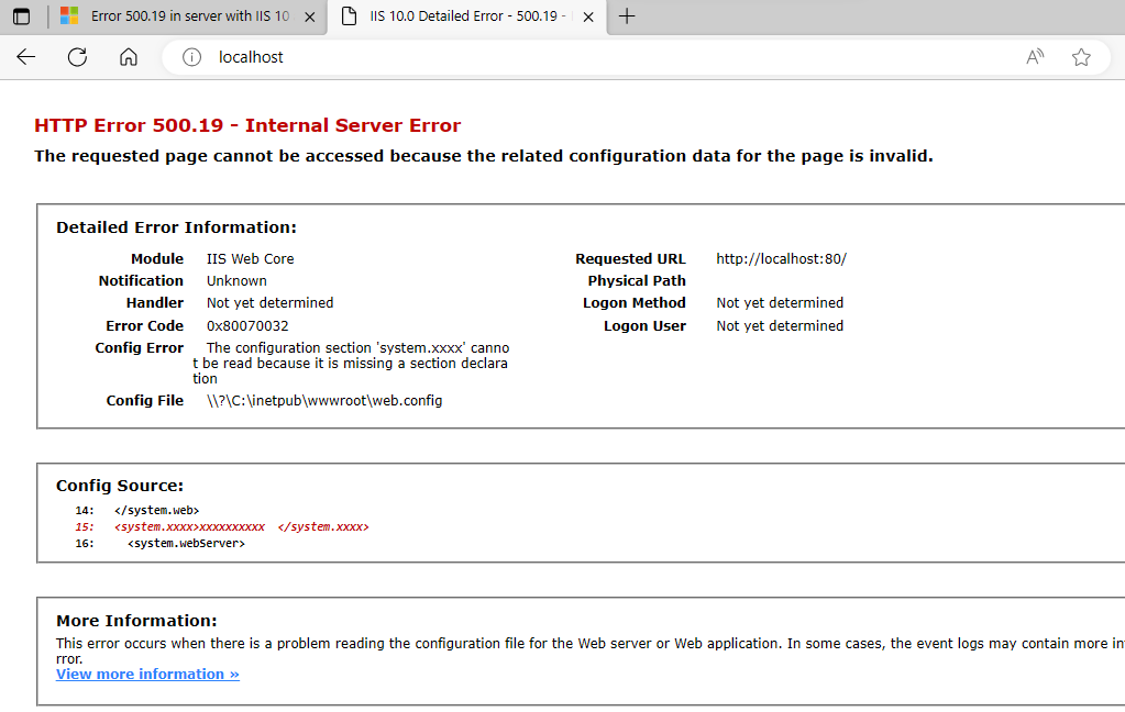 Error 500.19 in server with IIS 10 after deployment a new version of a web services - Microsoft Q&A