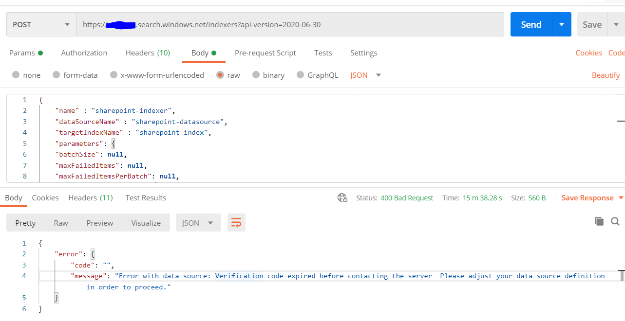 Creating indexer for the cognitive search from Sharepoint data failed - Microsoft Q&A