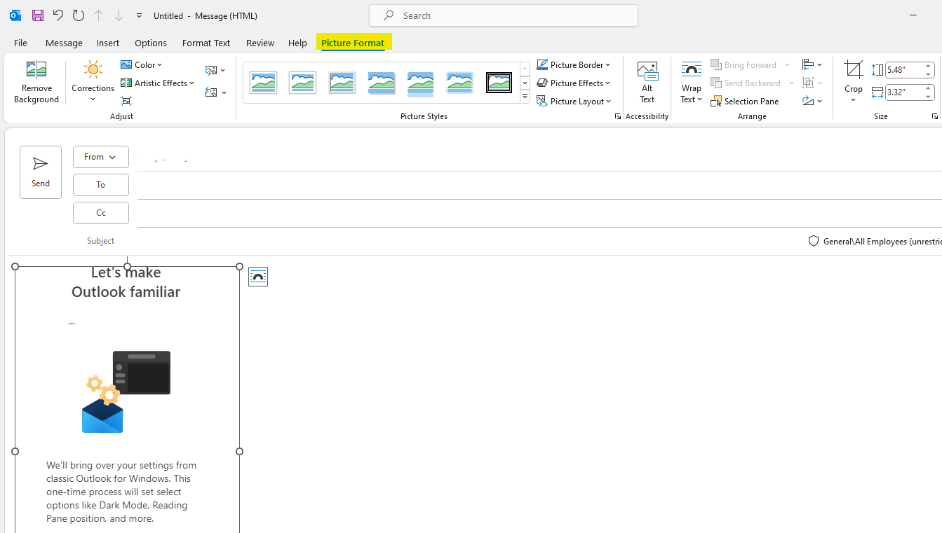 Where is the Picture Format tab in the new Outlook, or the Outlook Web ...