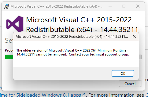 Unable to install or uninstall Microsoft Visual C++ 2015-2022 Redistributable (x64) 14.44.35211 ...
