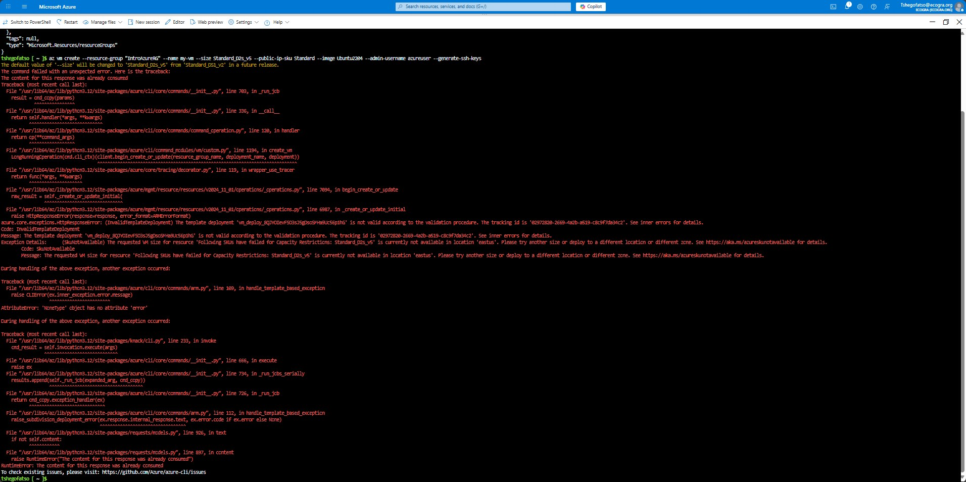 Exercise - Create an Azure virtual machine , error when running the second step - Microsoft Q&A