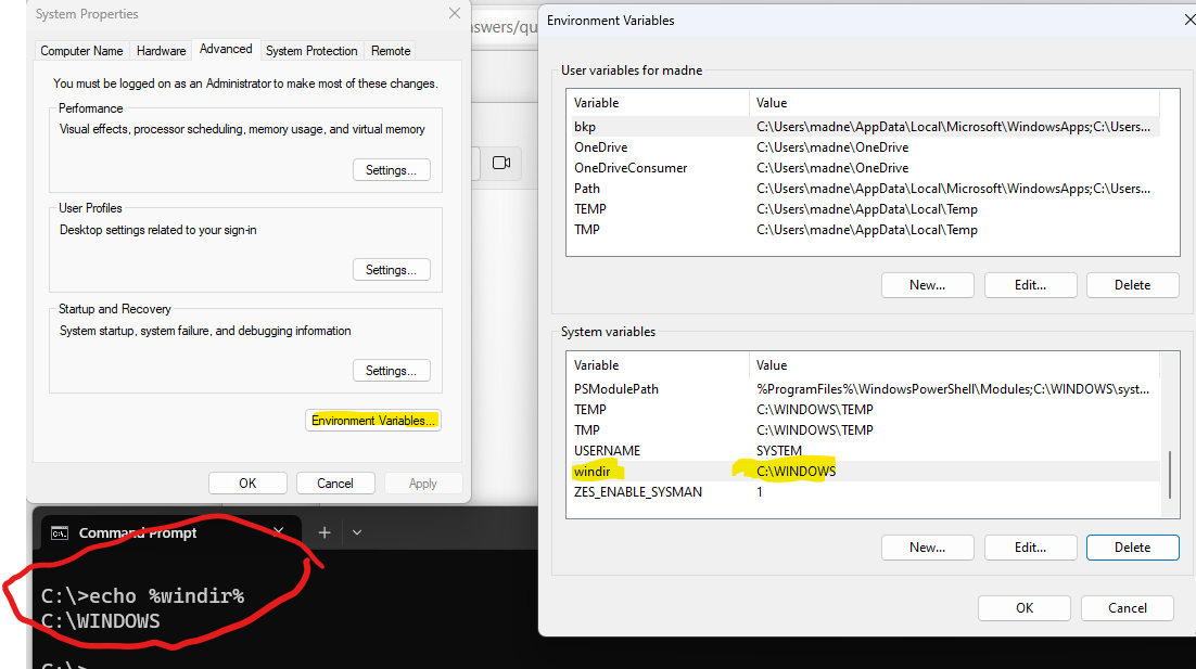 %windir%\system32\SystemPropertiesAdvanced.exe Windows cannot find ...