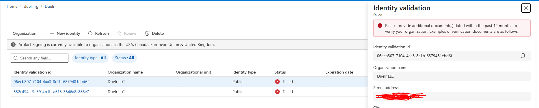 My identification validation has now failed twice, consecutively ...