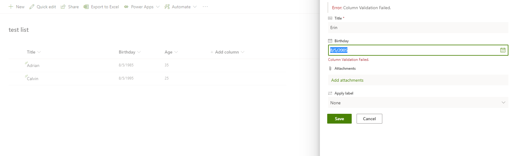 SharePoint List Column Validation Date of Birth must be over 18 ...