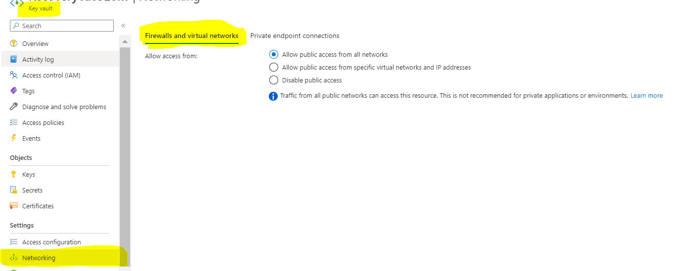 key vault -Disable Public Access under Firewall and Virtual Networks using powershell ...