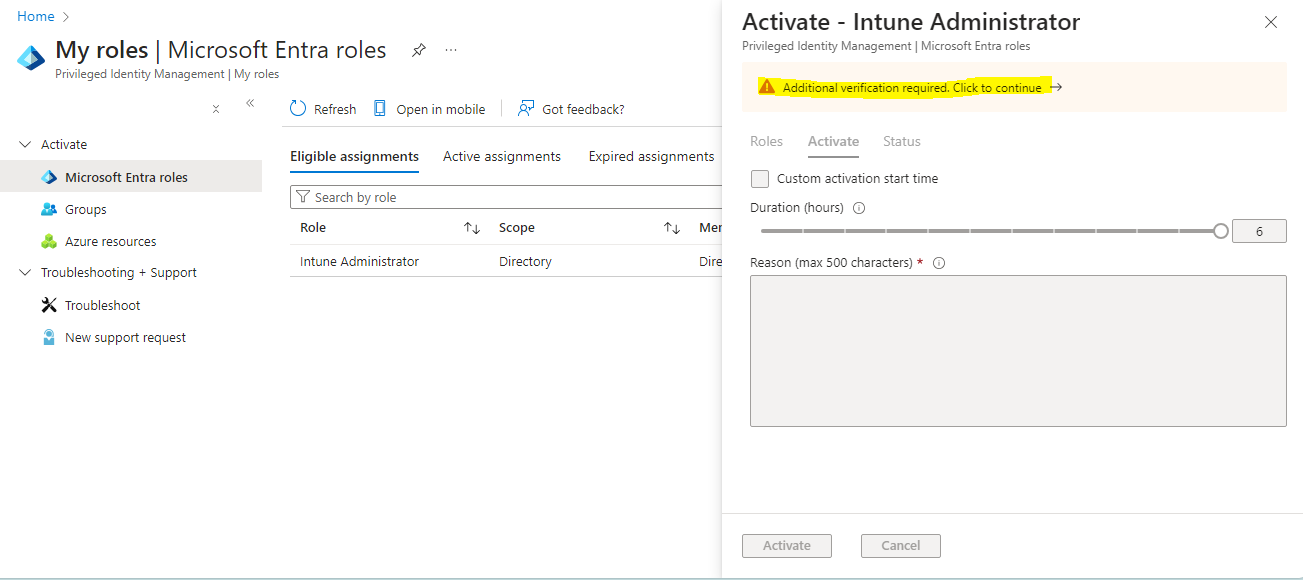 Failed to Activate Intune Admin role (Additional verification required ...