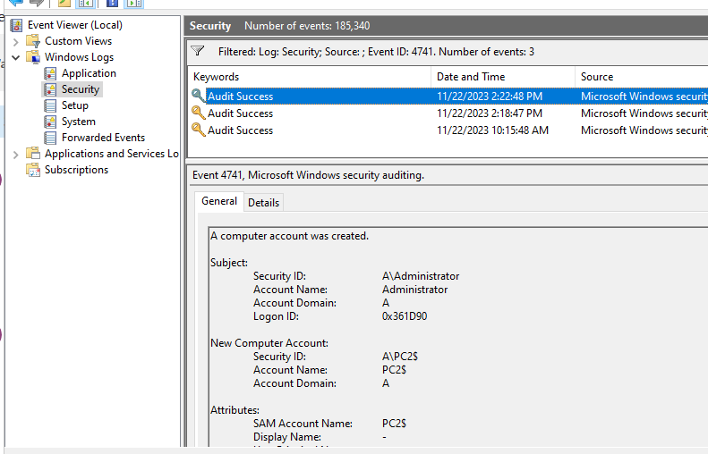 Can not find Event with 4741 on windows server 2019 - Microsoft Q&A