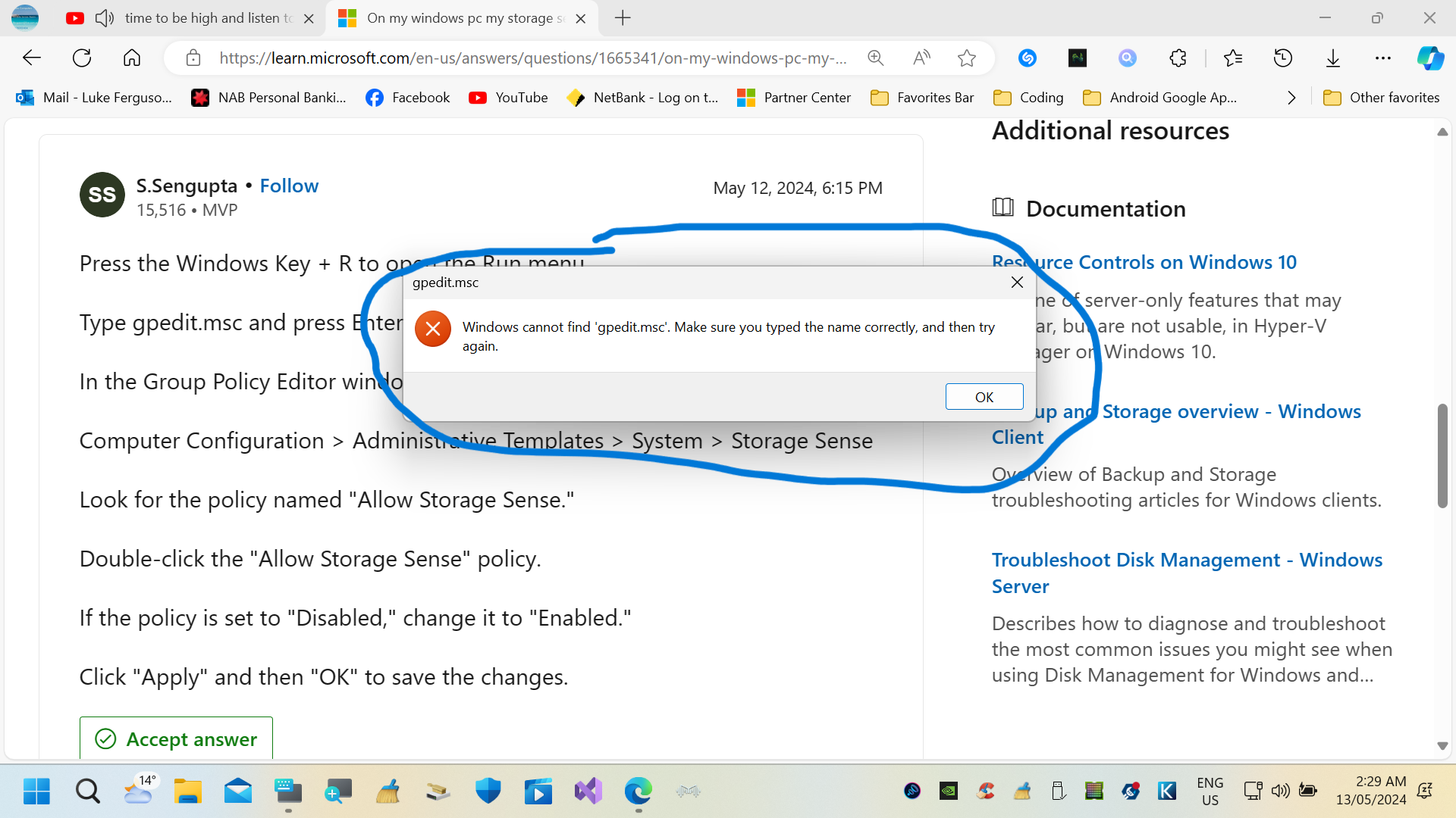 On my windows pc my storage sense is not working refer to screenshot ...