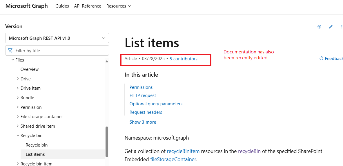 Discrepancy between v1.0 documentation and beta behavior for SharePoint ...