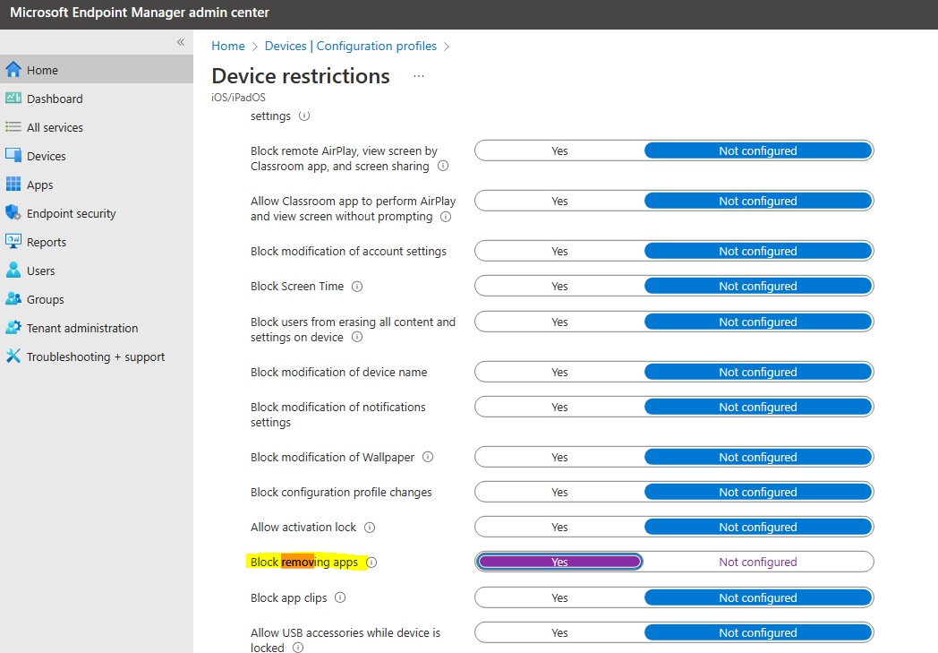 Intune : can't delete app downloaded from the AppStore by enduser - Microsoft Q&A