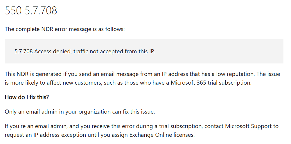550 5.7.708 Service unavailable. Access denied, traffic not accepted ...