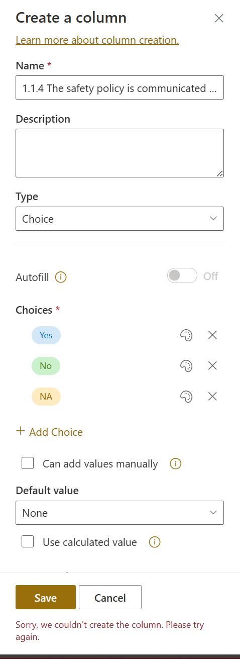 Unable to add choice column in the SharePoint - Microsoft Q&A