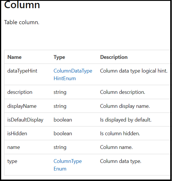 How to pass column description and show column flag while creating ...
