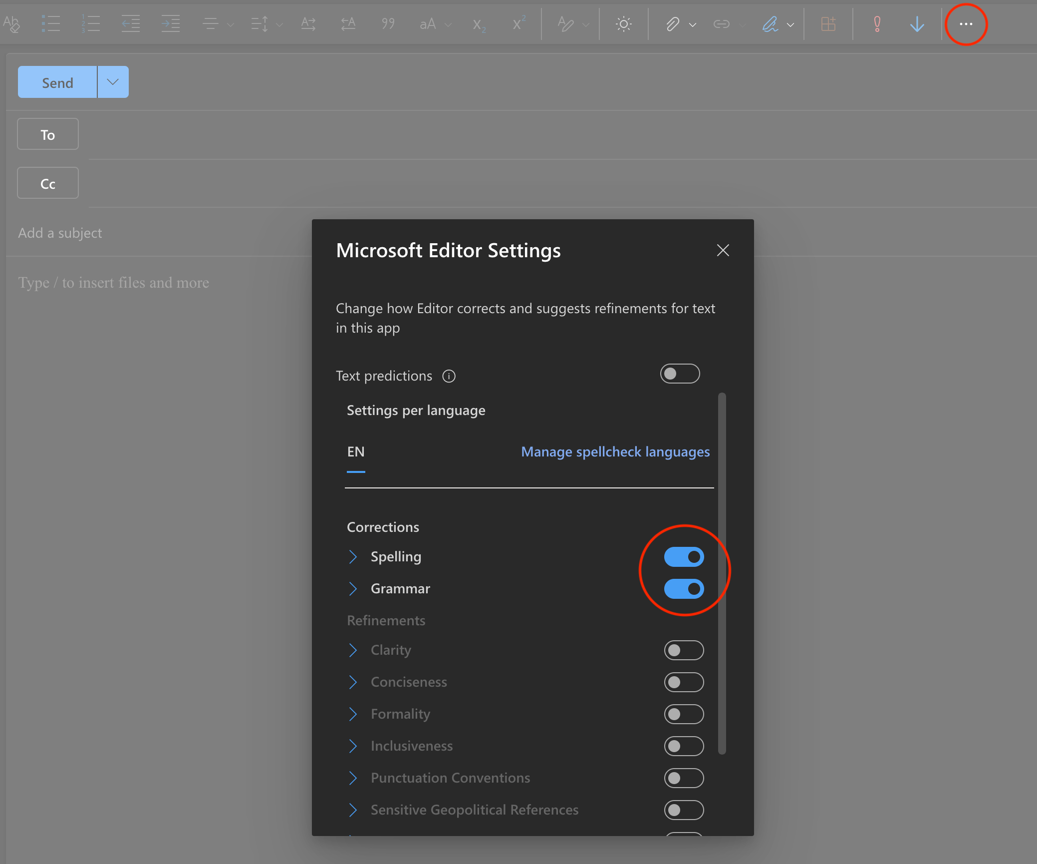 Can't turn off spell check in outlook.office.com - Microsoft Q&A