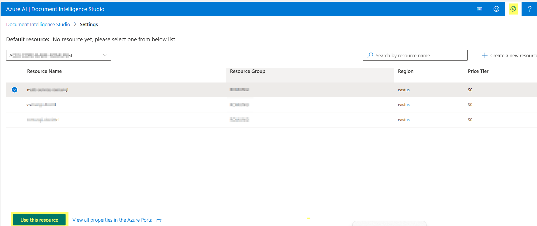 change Service Resource in azure document intelligence studio custom ...