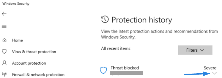 In Windows Security what happens if you click on "Threat Blocked ...