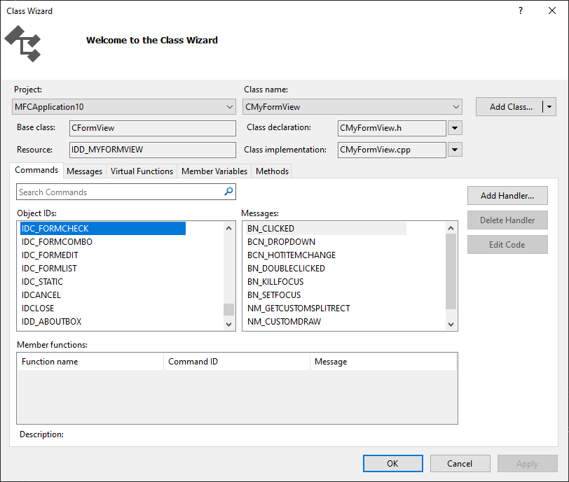 How to see the messages associated with a custom control in Class Wizard for an MFC application ...