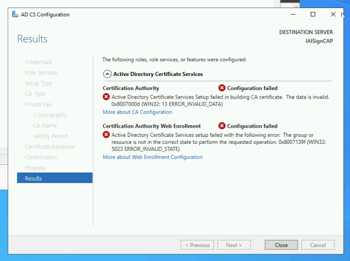 Error after configuring Active Directory Certificate Authority in ...