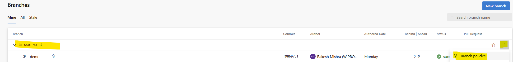 Way to apply branch policy - Microsoft Q&A