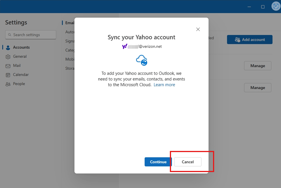 When adding @verizon.net account to new outlook, I'm directed to sign into Yahoo. I do not have ...