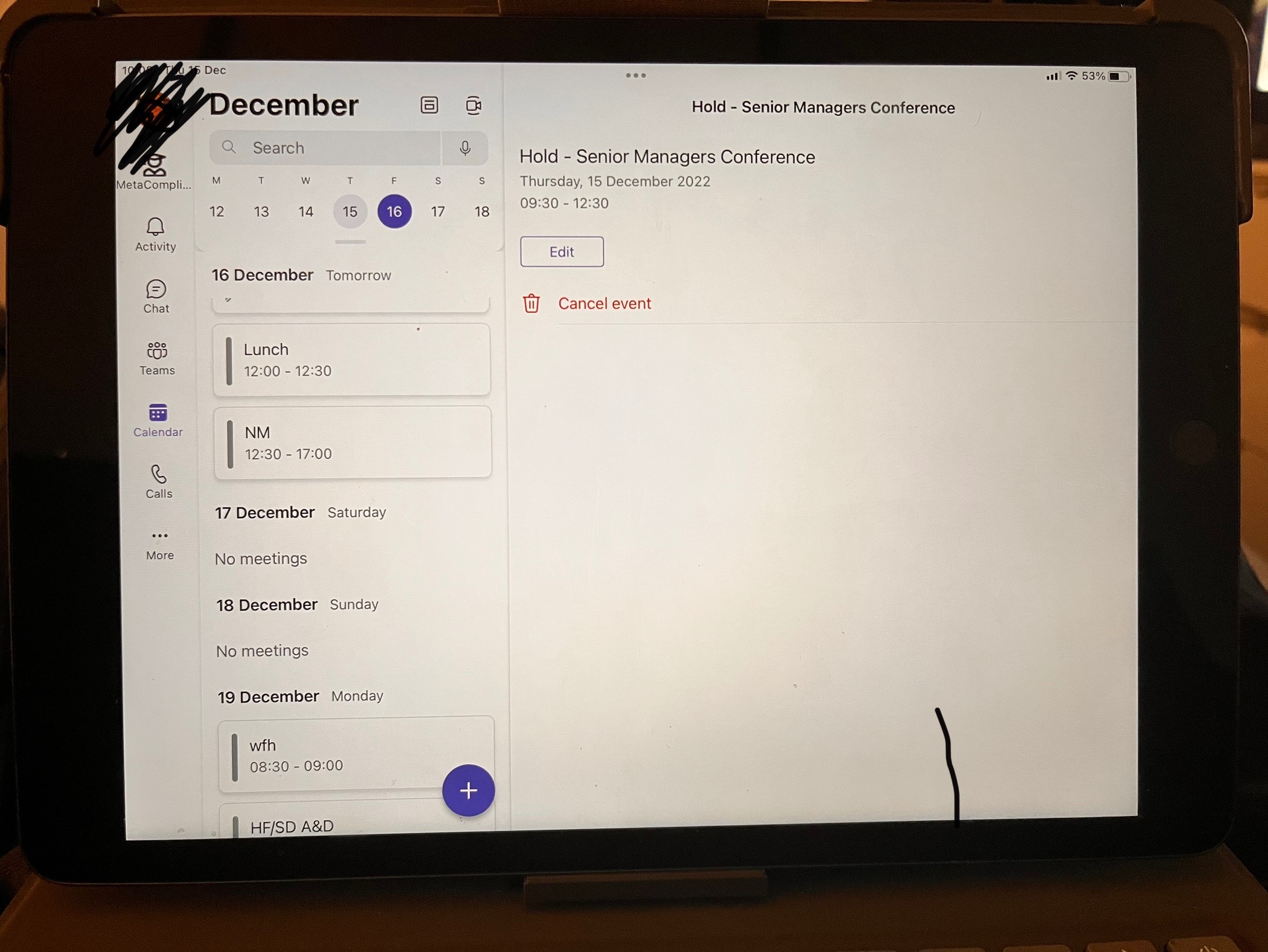 Hi, I can’t get a full calendar view on teams on my iPad. I can on ...