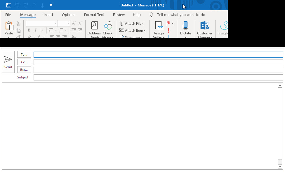 MS Outlook - New Email message - partially black screen covers left ...
