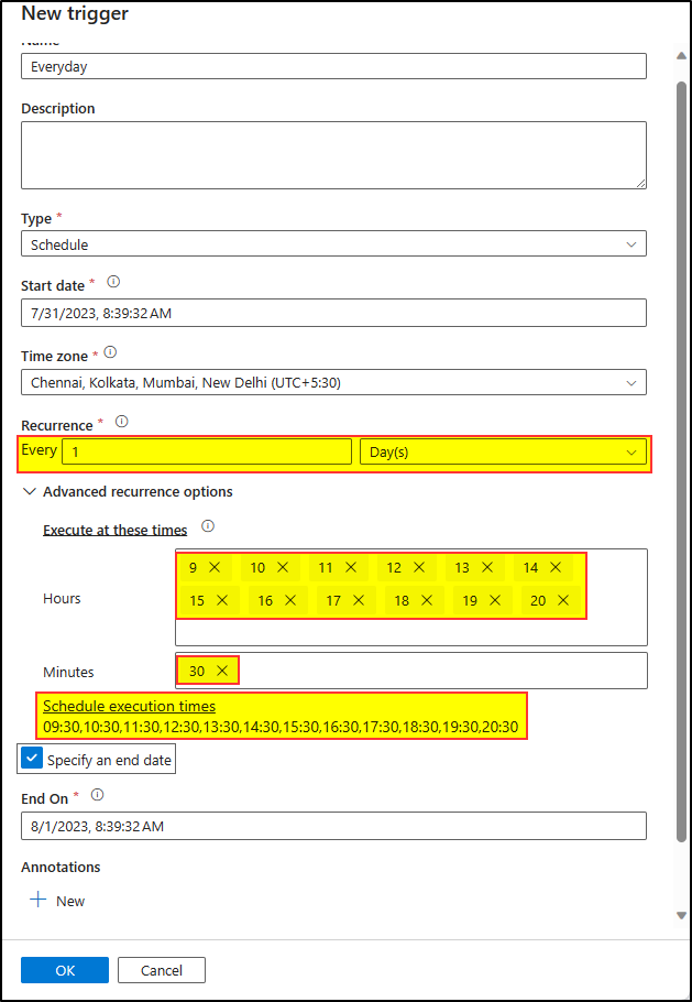 Azure Data Factory - Schedule stat and stop time each day - Microsoft Q&A