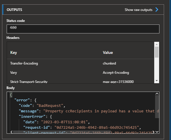 How to fix "message": "Property ccRecipients in payload has a value that does not match schema ...
