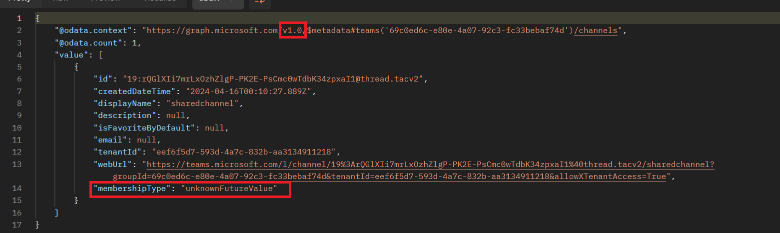 When collecting a shared channel using Graph API v1.0, the wrong ...