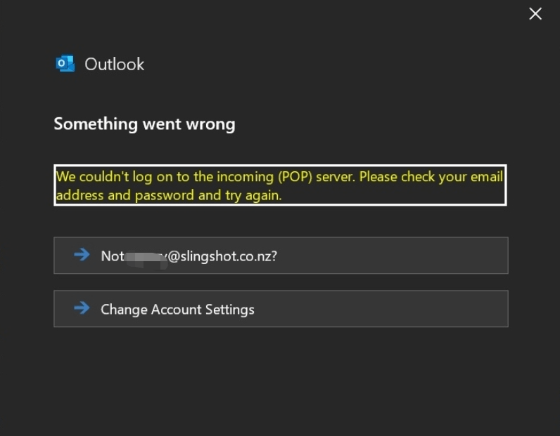 I am trying add my ISP "Slingshot" emails accounts to MS Outlook 2019 ...