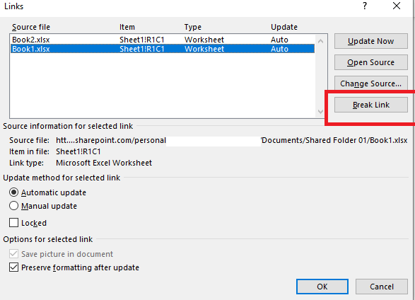 Changing linked Excel worksheet object item source in Word - Microsoft Q&A