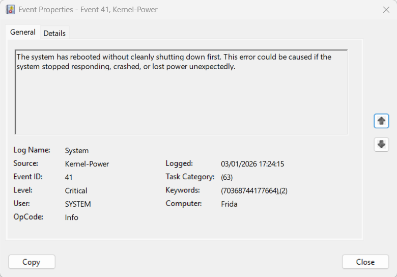 Pc restarts randomly: error code Kernel Power 41 63 - Microsoft Q&A