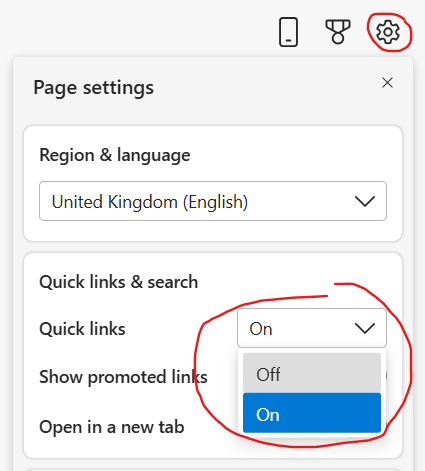 Two rows of Edge quick links have disappeared with one of the updates ...