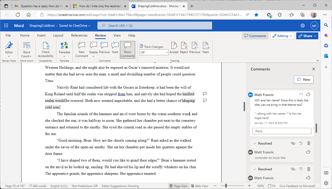 How do I hide only the resolved comments in Word Online - Microsoft Q&A